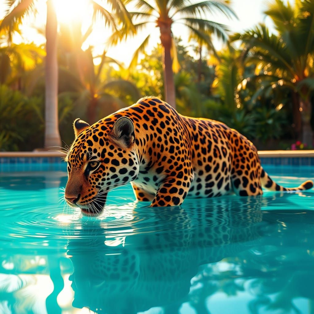 Jaguar in Pool - Surreal Jaguar Surfaces in a Turquoise Oas...
