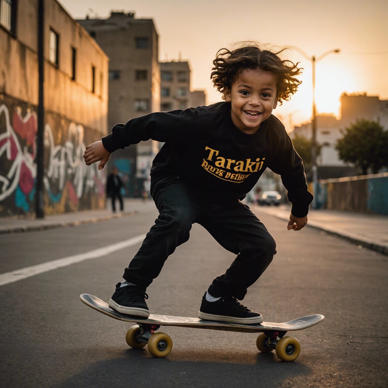 An audacious and flamboyant photo of a small child speeding on a ...