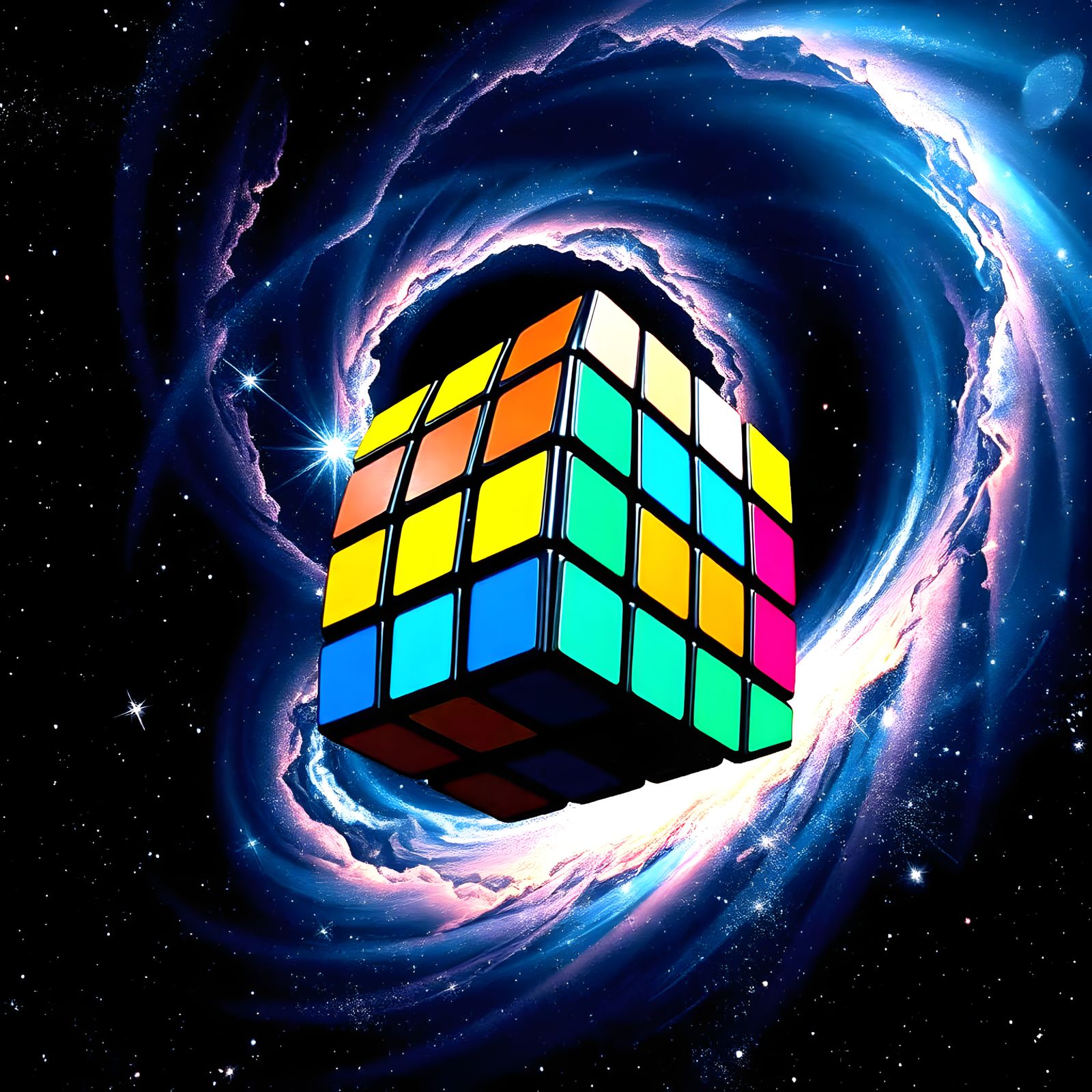 "Rubiks Black Hole" Spinning rubiks cube as a surreal black hole pulling in stars and galaxy near it