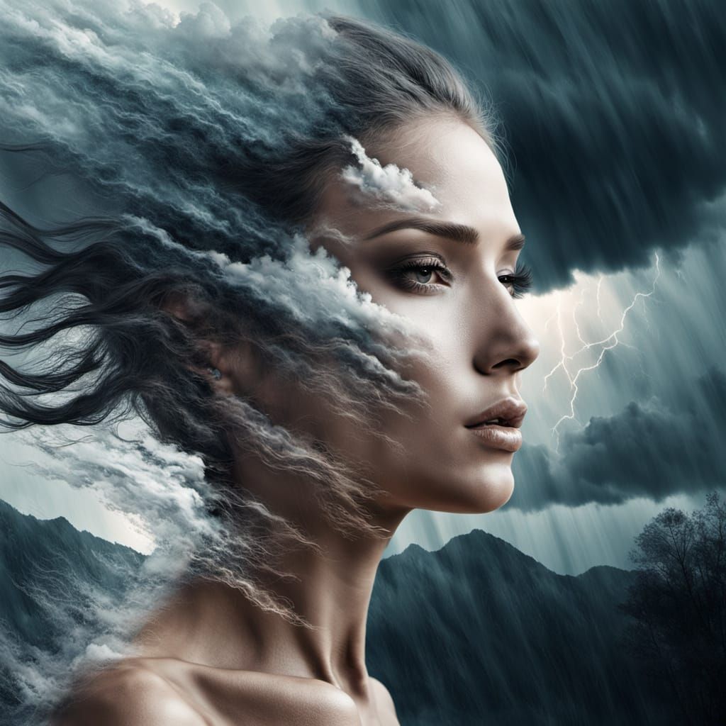 Surreal Portrait Unites Human and Storm in Harmony - AI Art