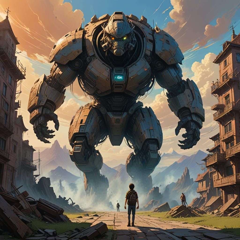 Young Hero Confronts Colossal Giant in Mid-Air Sho... - AI Art