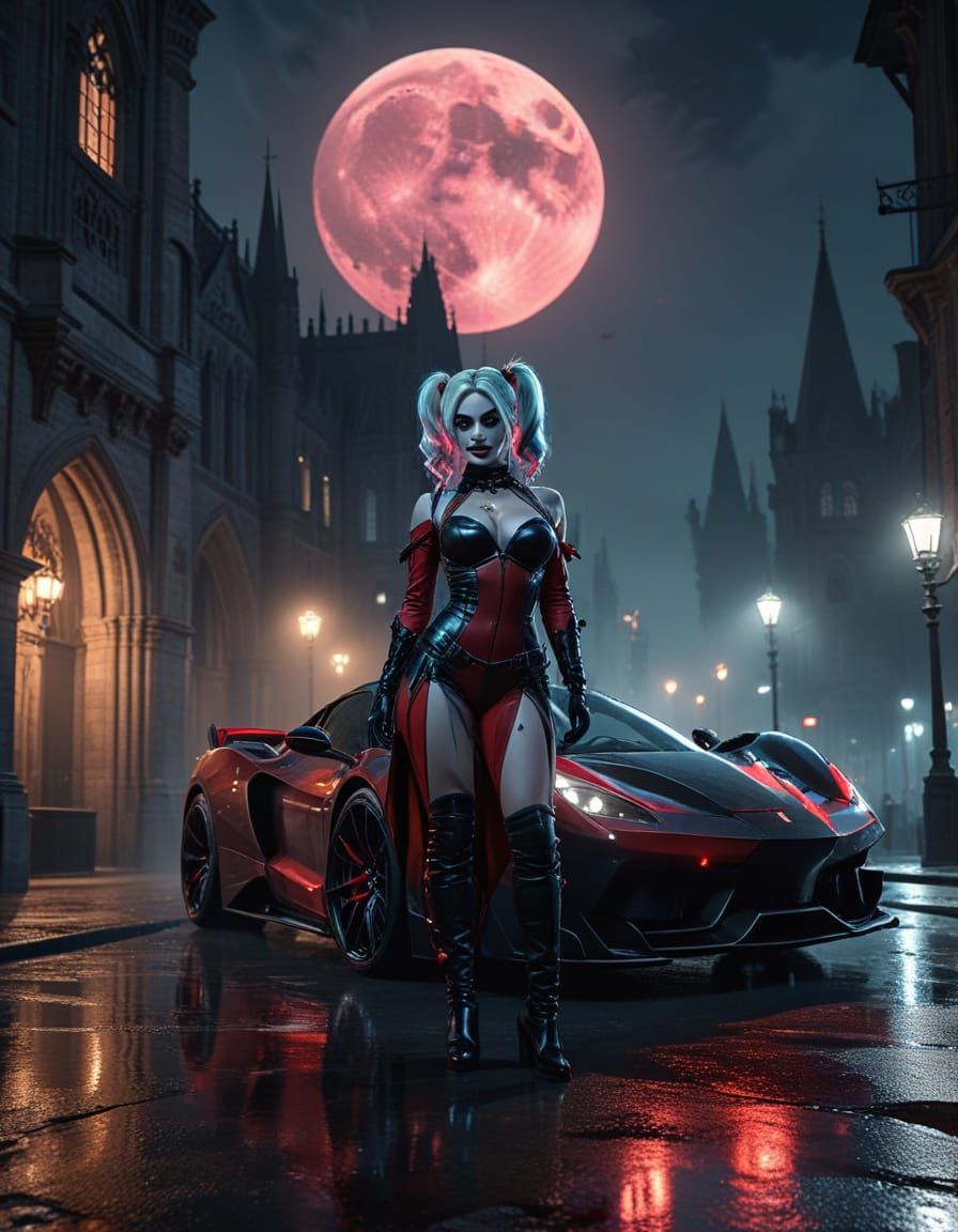 Gothic Harley Quinn in Gotham City at Night - AI Art