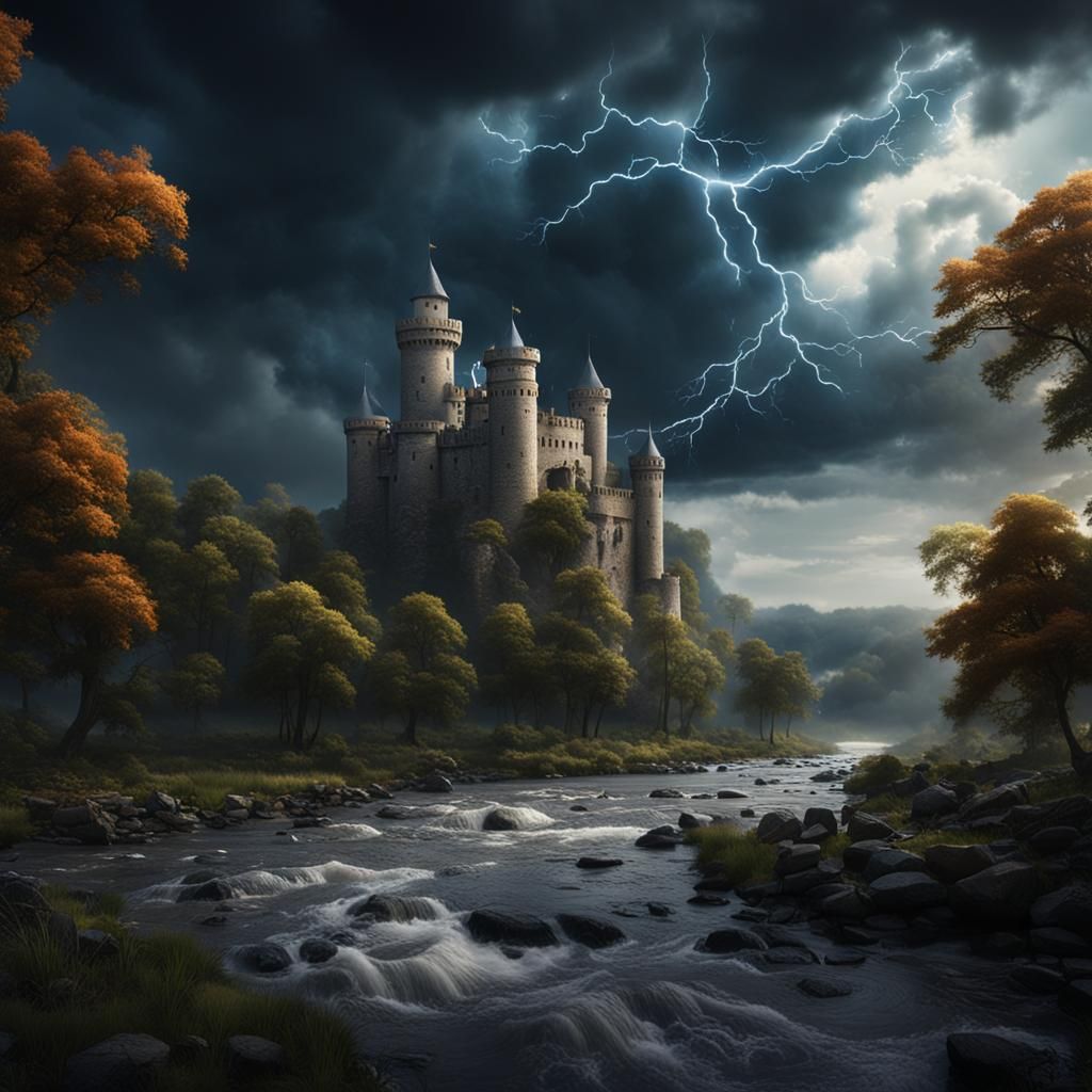 Storm. A River next to the woods. A castle high above. Clouds in the distance. Thunder and ...