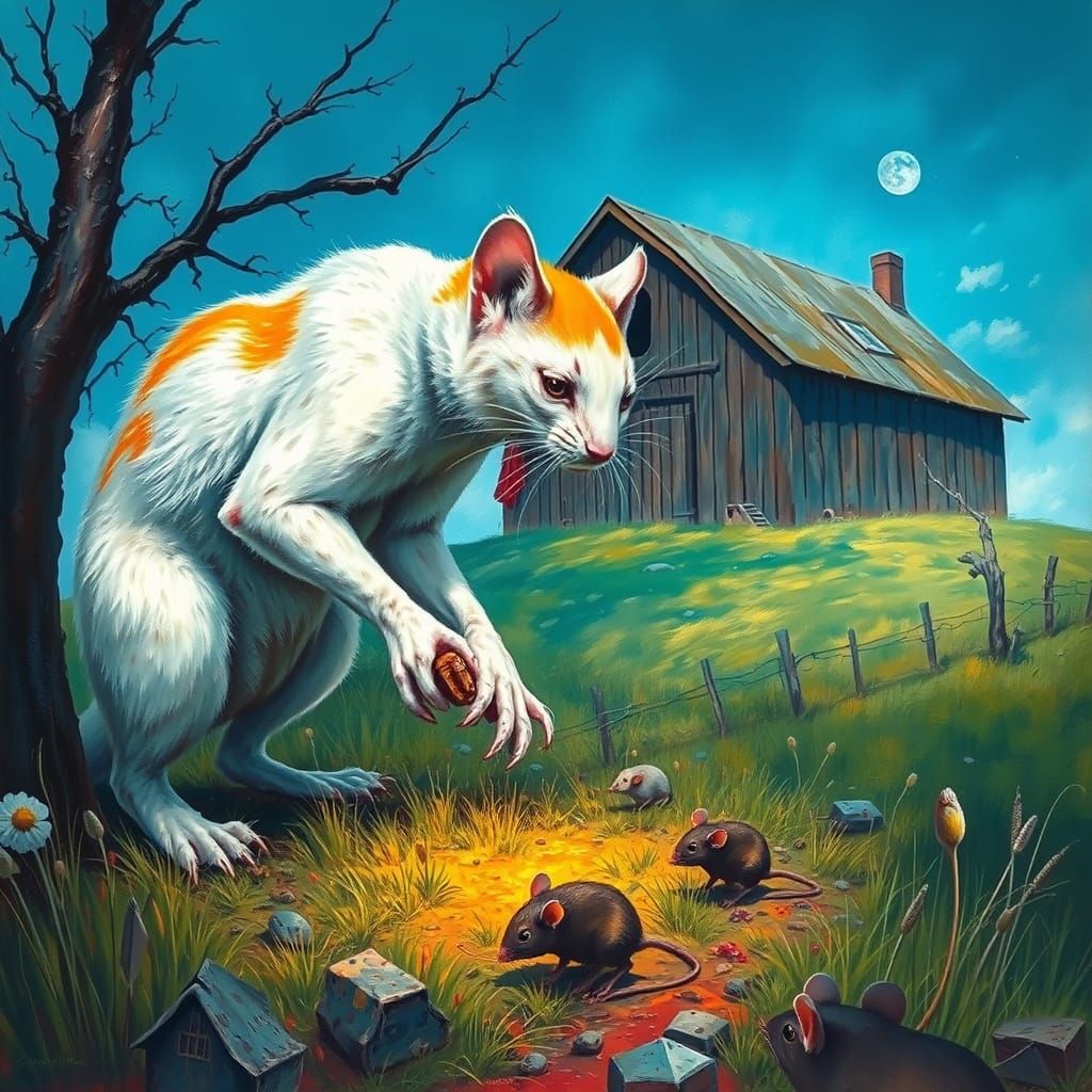 Surreal Image of a WEASEL hunting for mice. Barn in background. Hyperdetailed vibrant colours ...