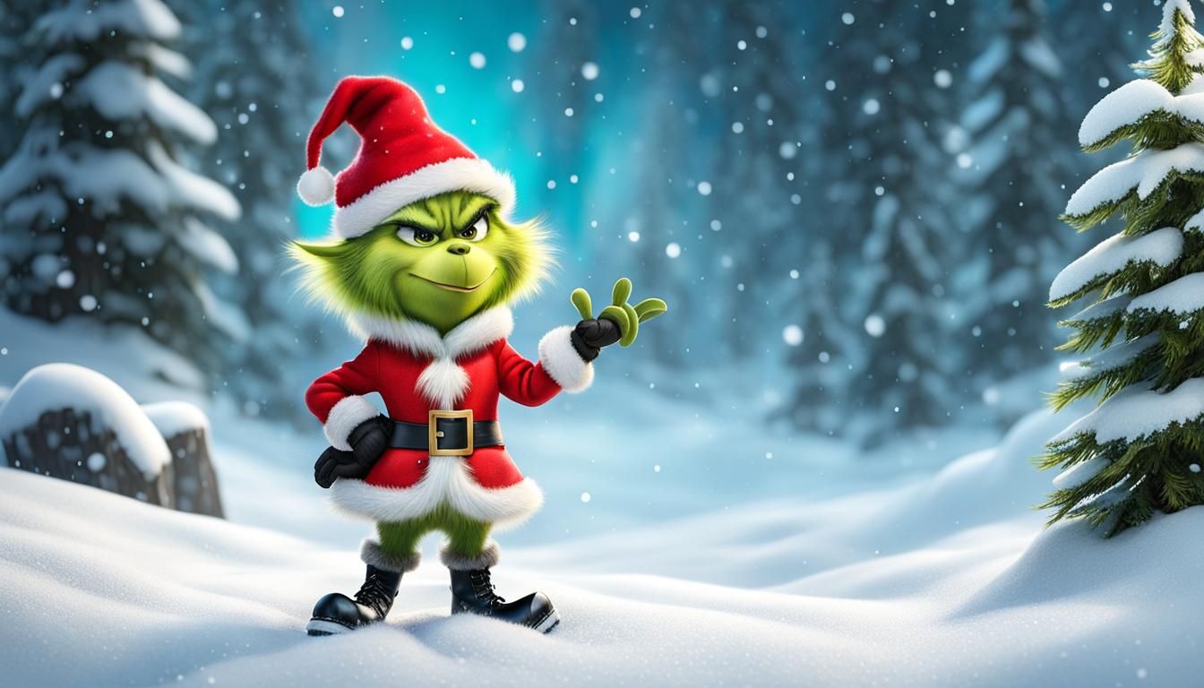 Chibi Grinch, wearing a red coat, Red gloves and hat, Black boots ...