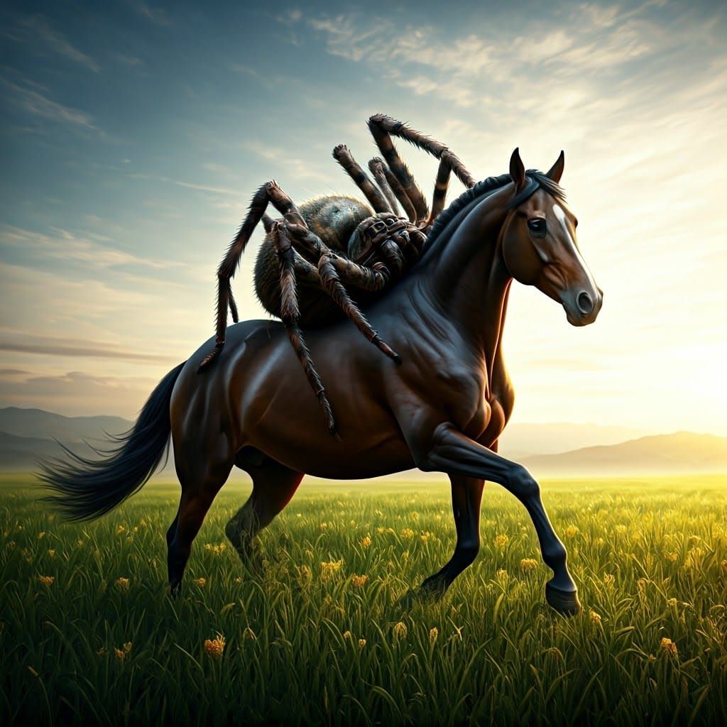 Gargantuan Spider Rides Majestic Horse in Lush Gre... - AI Art