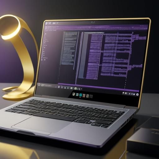 futuristic code programming on laptop in muted gold and purple color ...