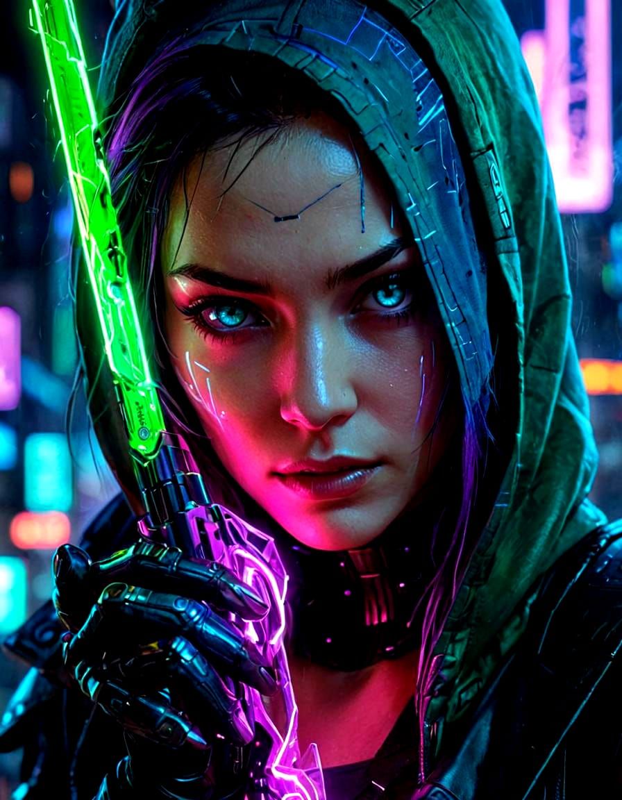 Cyberpunk Assassin Portrait in Holographic Layers - AI Art