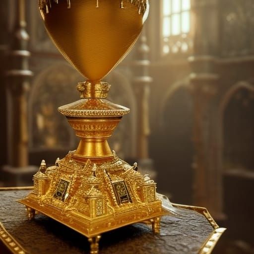 The Holy Grail - a bioluminescent gold chalice studded with garnets in ...