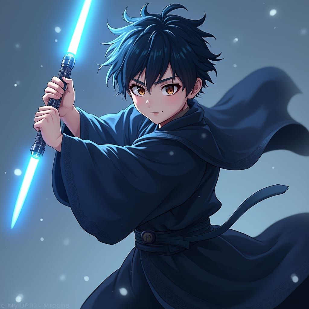 Charming Young Hero Wields Blue Light Saber - AI Art