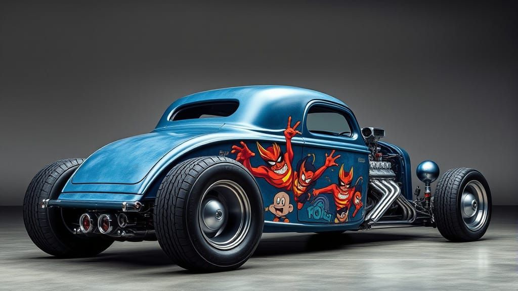 Hot Rod - Cyberpunk Hot Rod in Matte Blue with Anime Charact...