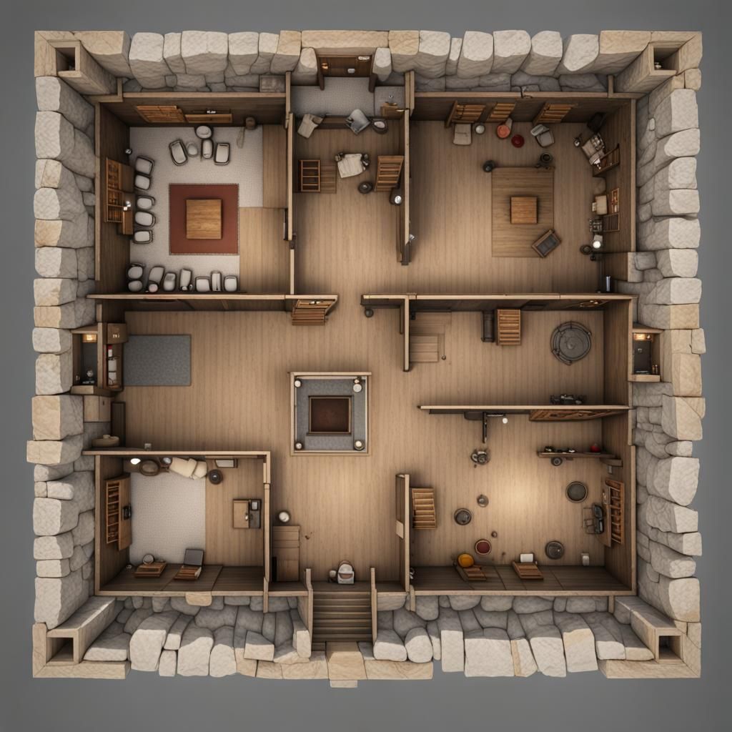 A top down view of the ground floor of a simple medium sized square ...