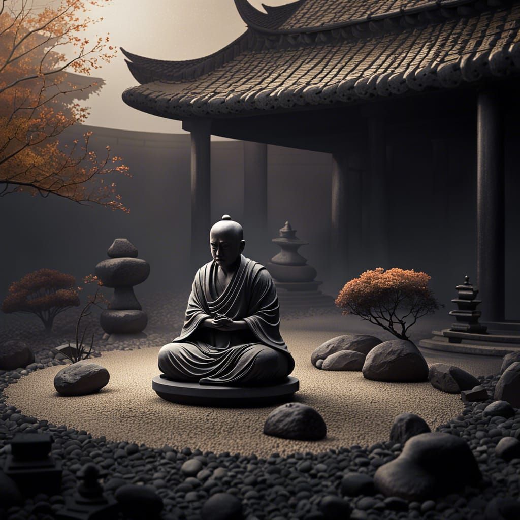 Tranquil, minimalist Zen garden with a meditating monk statue, soft ...