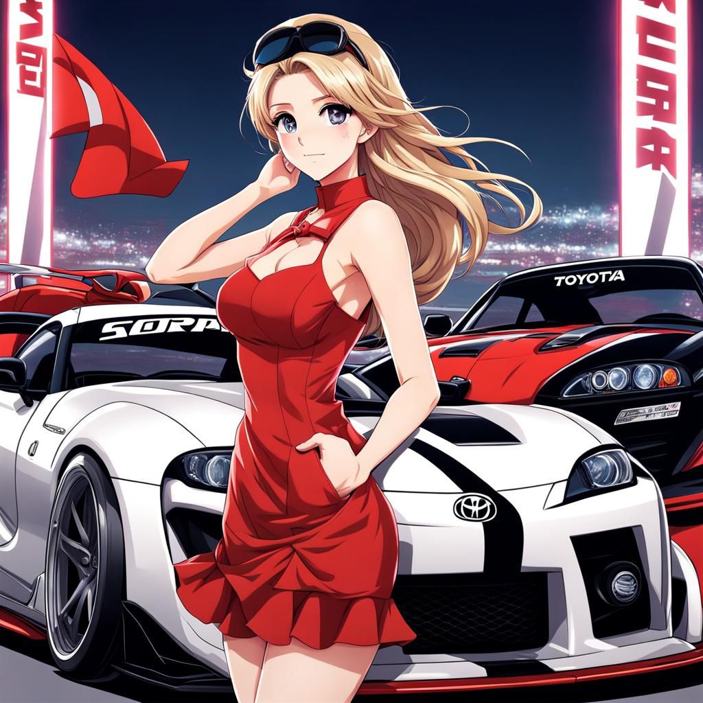 Pretty young woman leaning on a Toyota Supra, wearing a racing queen ...