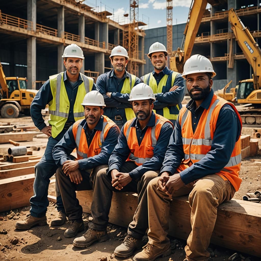 A group of union workers taking a break together at a construction site ...