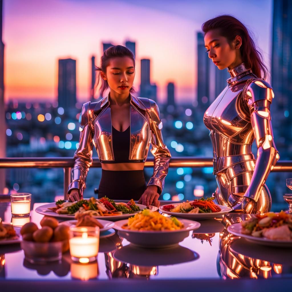 food buffet, candlelit dinner, vivid, synthwave style sunset, lens ...
