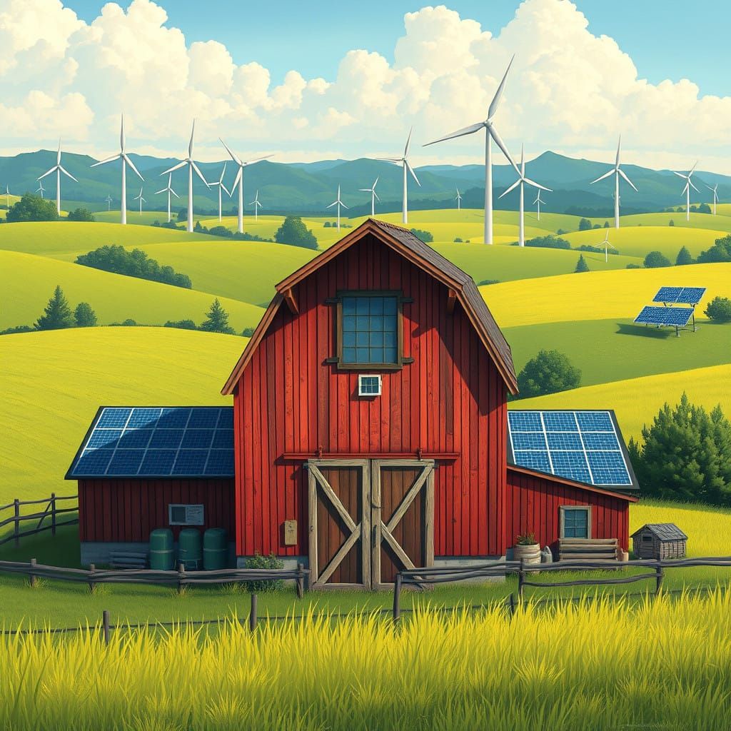 Hopeful sustainable dairy cow barn hay fields farming solar wind power ...