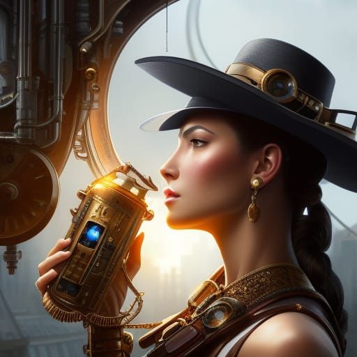 woman checking her steampunk smartphone steampunk engine head and ...