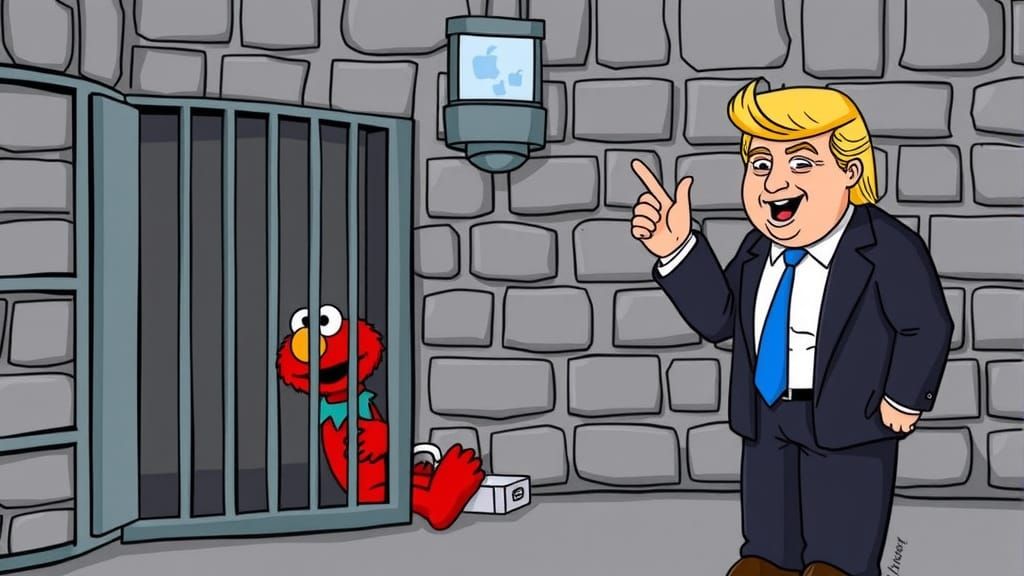 Elmo Behind Bars in a Hilarious Satirical Scene - AI Art