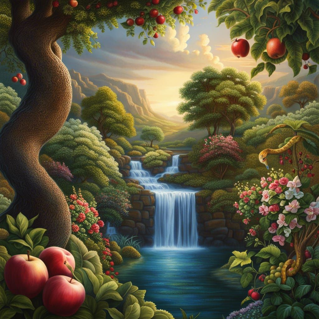Garden of Eden, hyper detailed, extremely detailed, Adam and eve, Eve ...