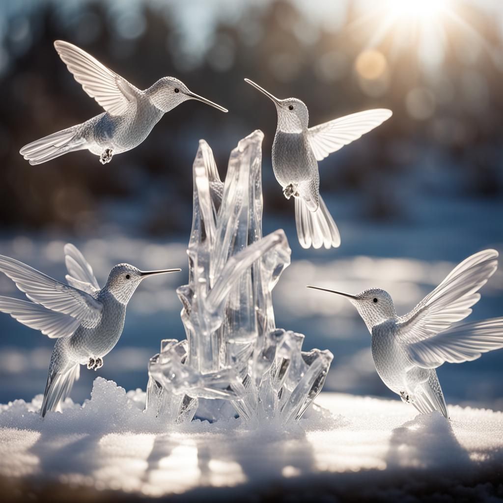 Transparent ice sculpture of hummingbirds - AI Generated Artwork ...