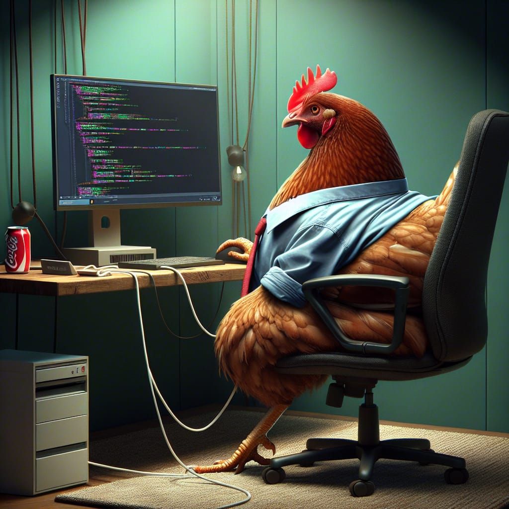 A single brown hen sitting on an office chair in front of a computer ...