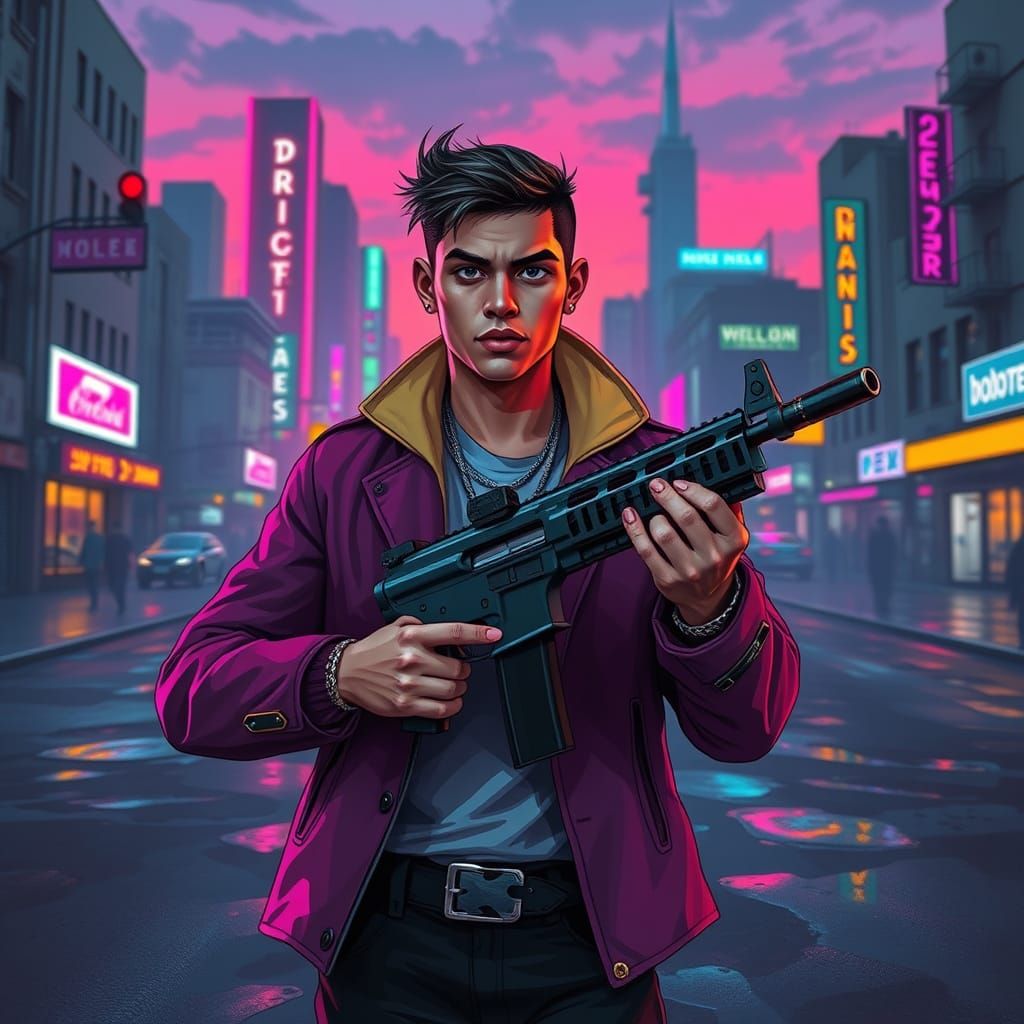 A gay flamboyant young man holding a uzi in the styles of Ash Thorp ...