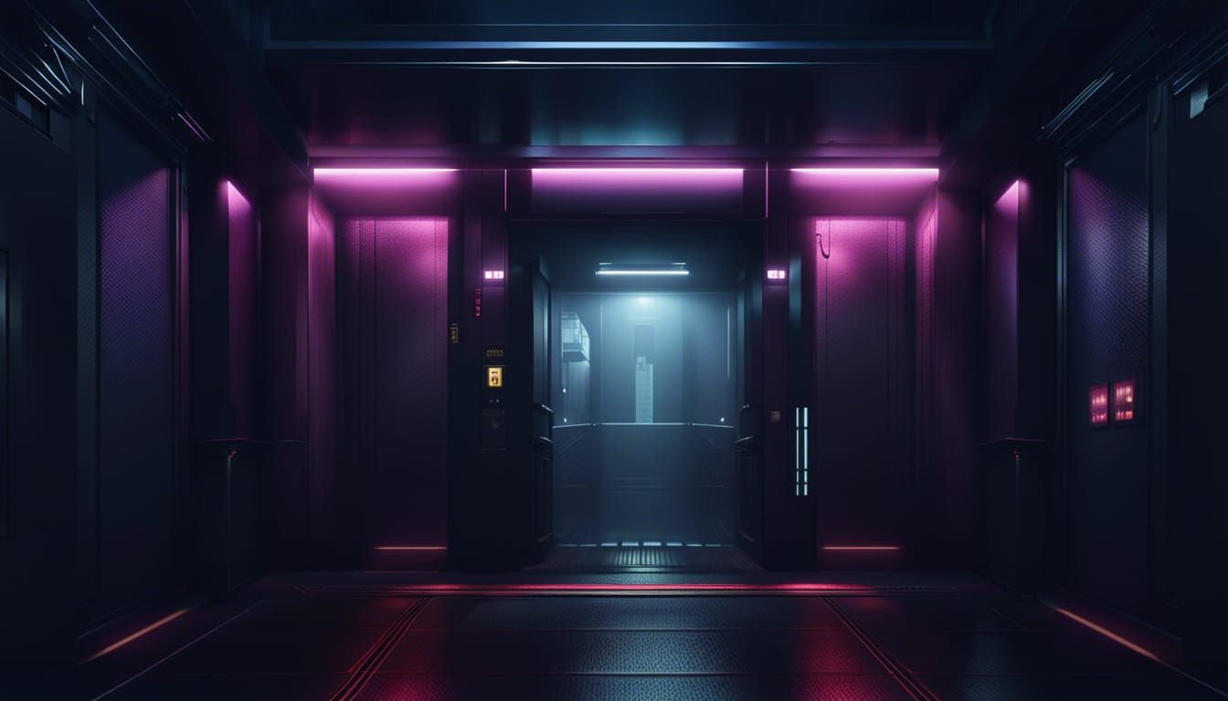 cyberpunk city very dark colors interior service elevator on a foggy ...