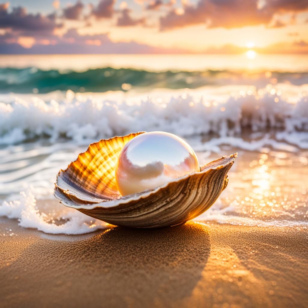 open clam washed ashore on a beach, giant pearl inside the clam, waves ...