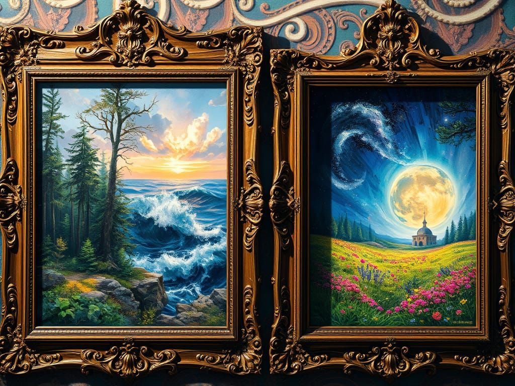 Impasto-style shadows flowing seamlessly through ornate picture frames ...