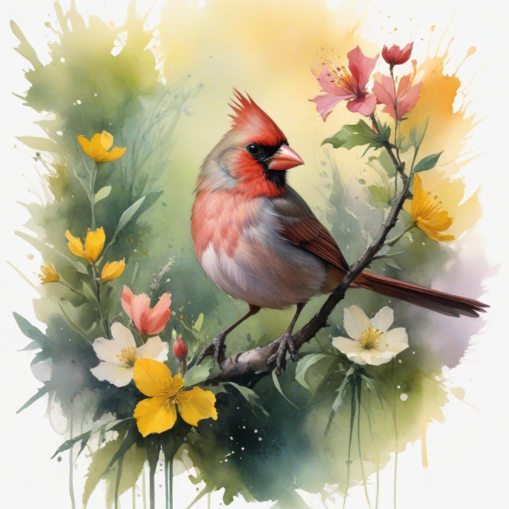 Scarlet Cardinal Amidst Golden Summer Bloom - AI Art