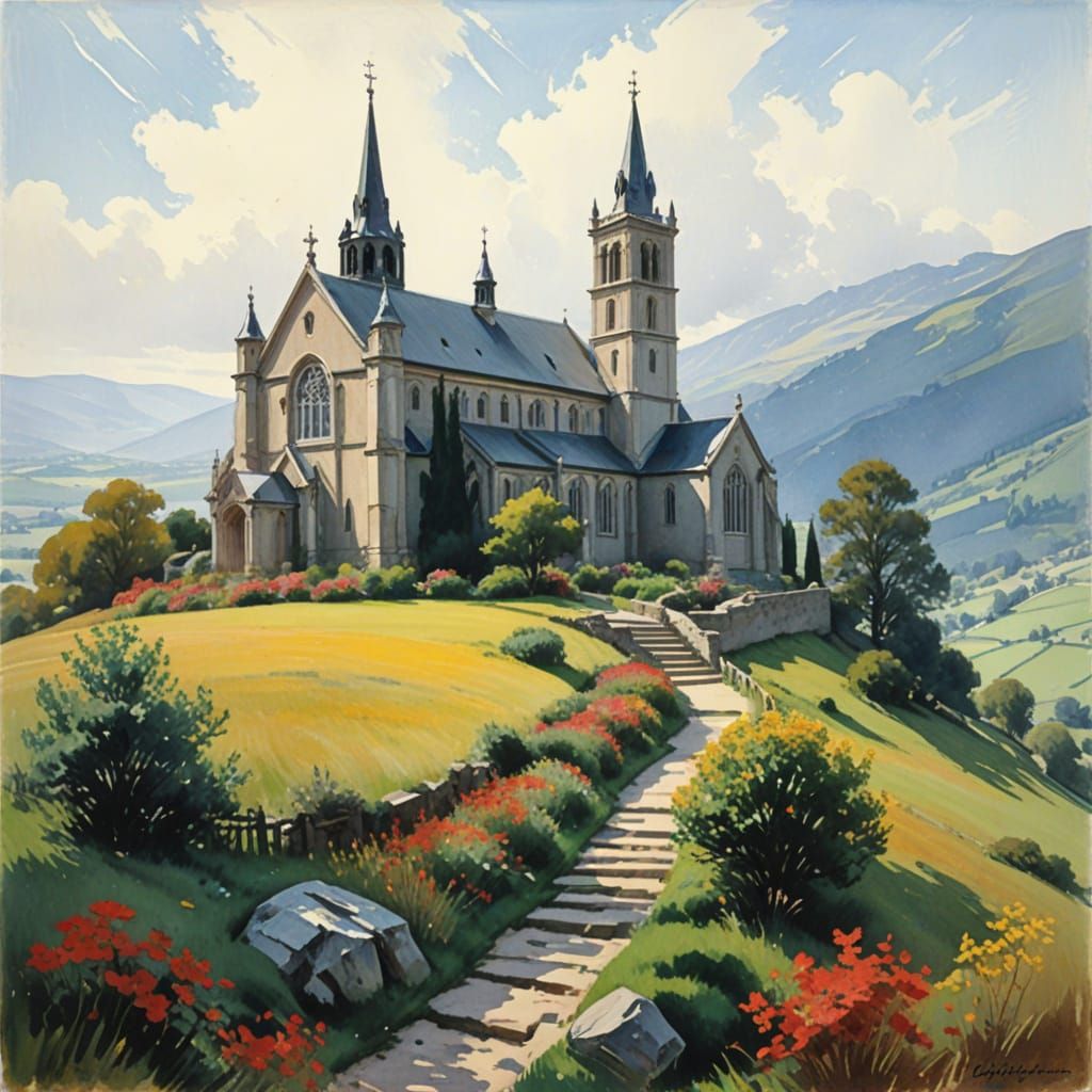 Cathedral on a Hill - Watercolor Irish Monastery in a Dreaml...