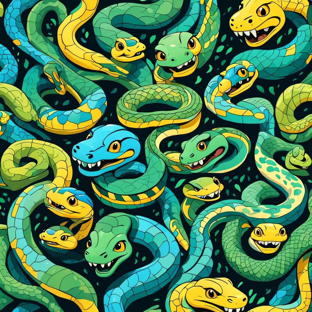 cartoon snakes,blue green,yellow,cute, flat pattern, artistic black ...