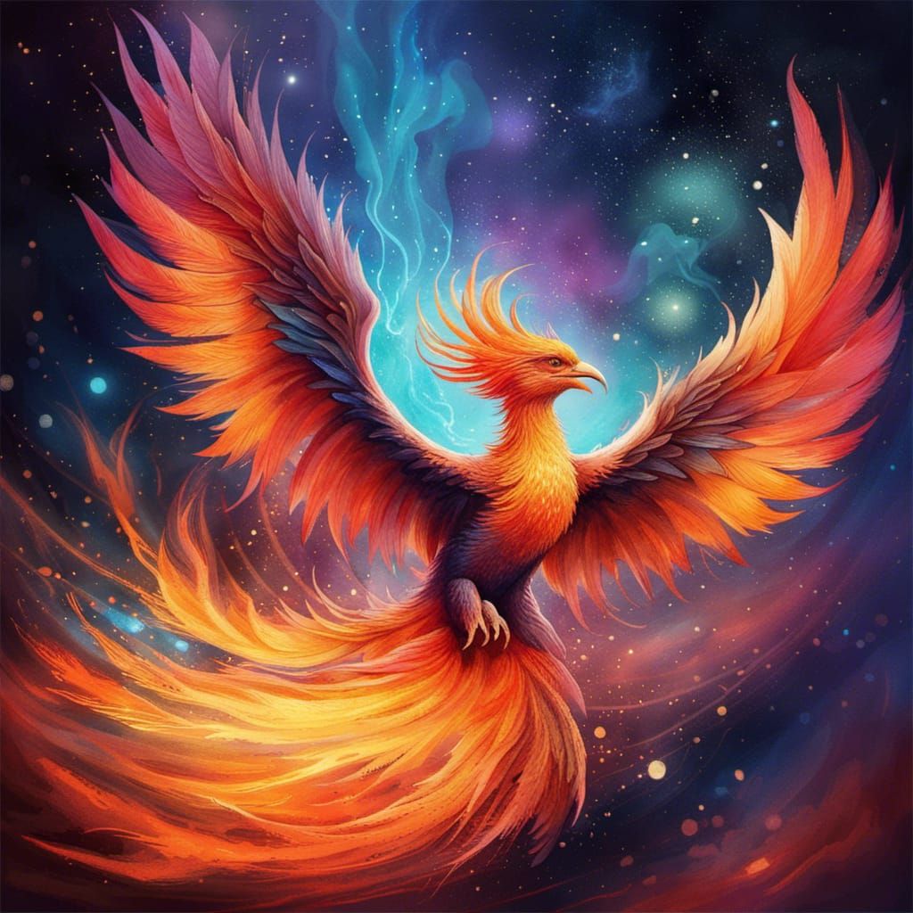 : A Blazing Phoenix whimsical swirly watercolor emotional hyperrealistic vibrant mythical and ...