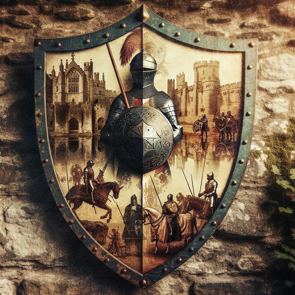 16th century knight's shield with images of quests reflecting on the ...