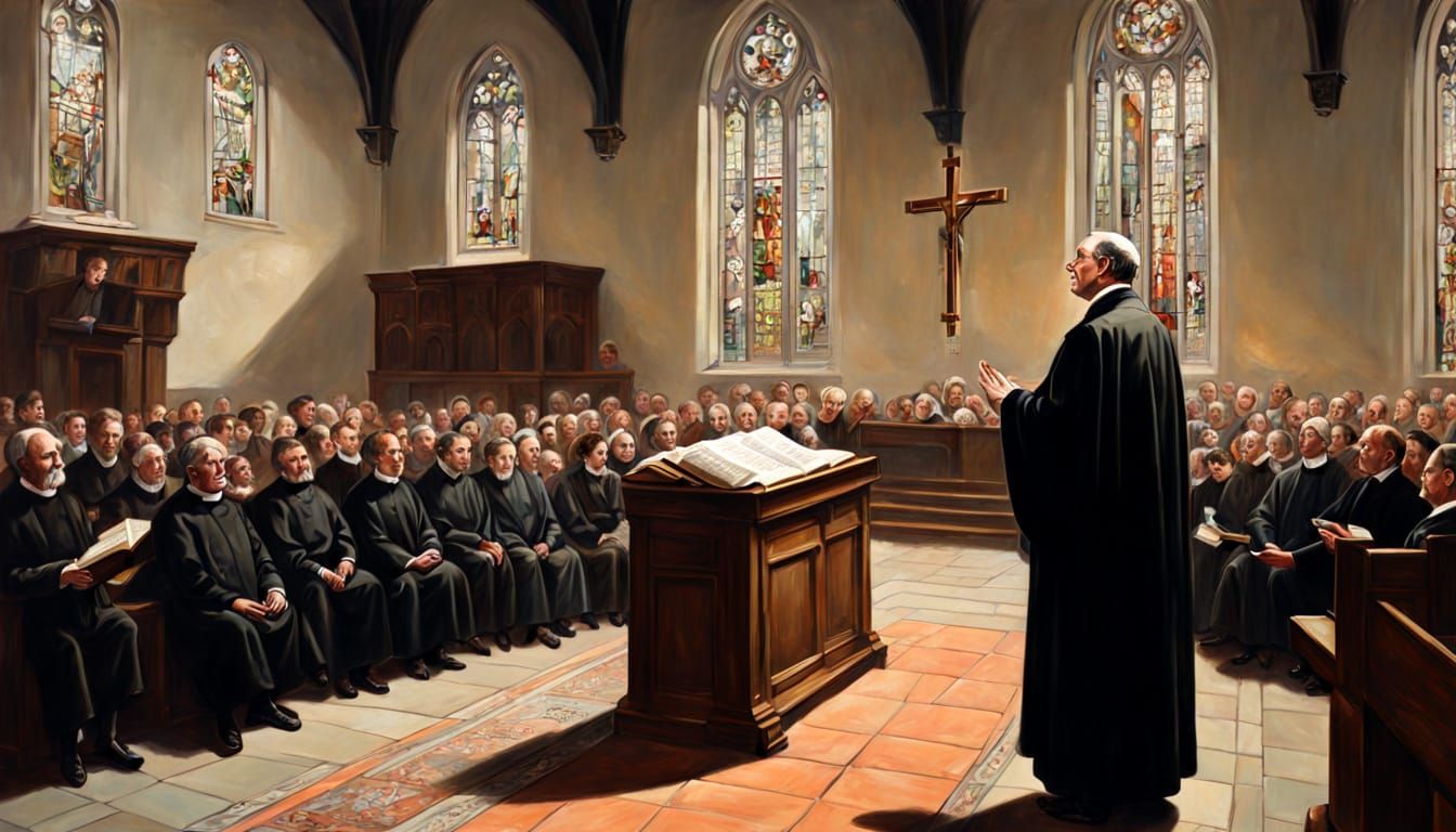 Victorian priest giving a sermon in church