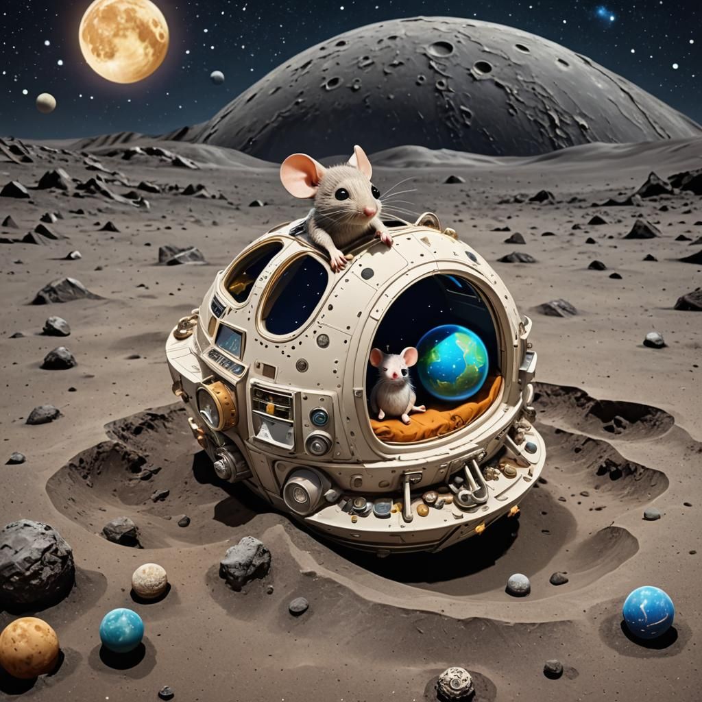 alien mouse in mini spaceship on the moon surface, starry night sky ...
