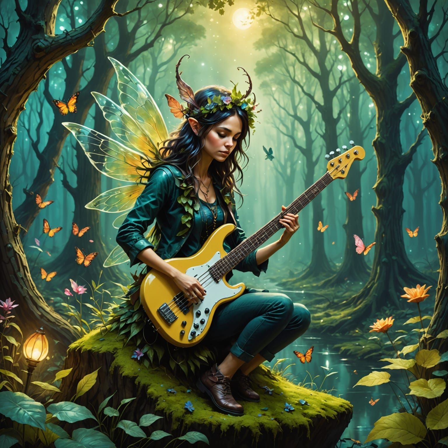 Fairy Plays Bass Guitar in Enchanted Forest, Surpr... - AI Art