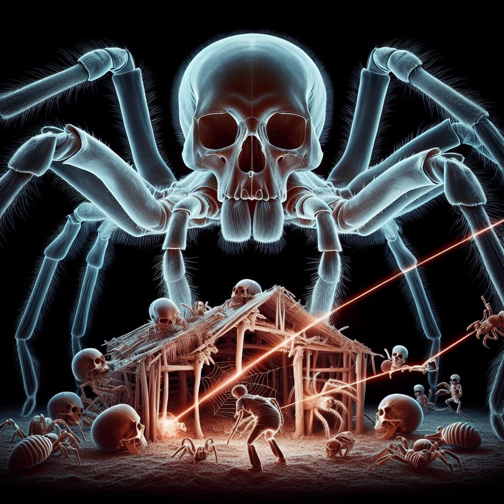 Electric X-Rays Of Big Tarantulas Playing Laser Tag in Their Meaty Skull Bungalow - AI Generated ...