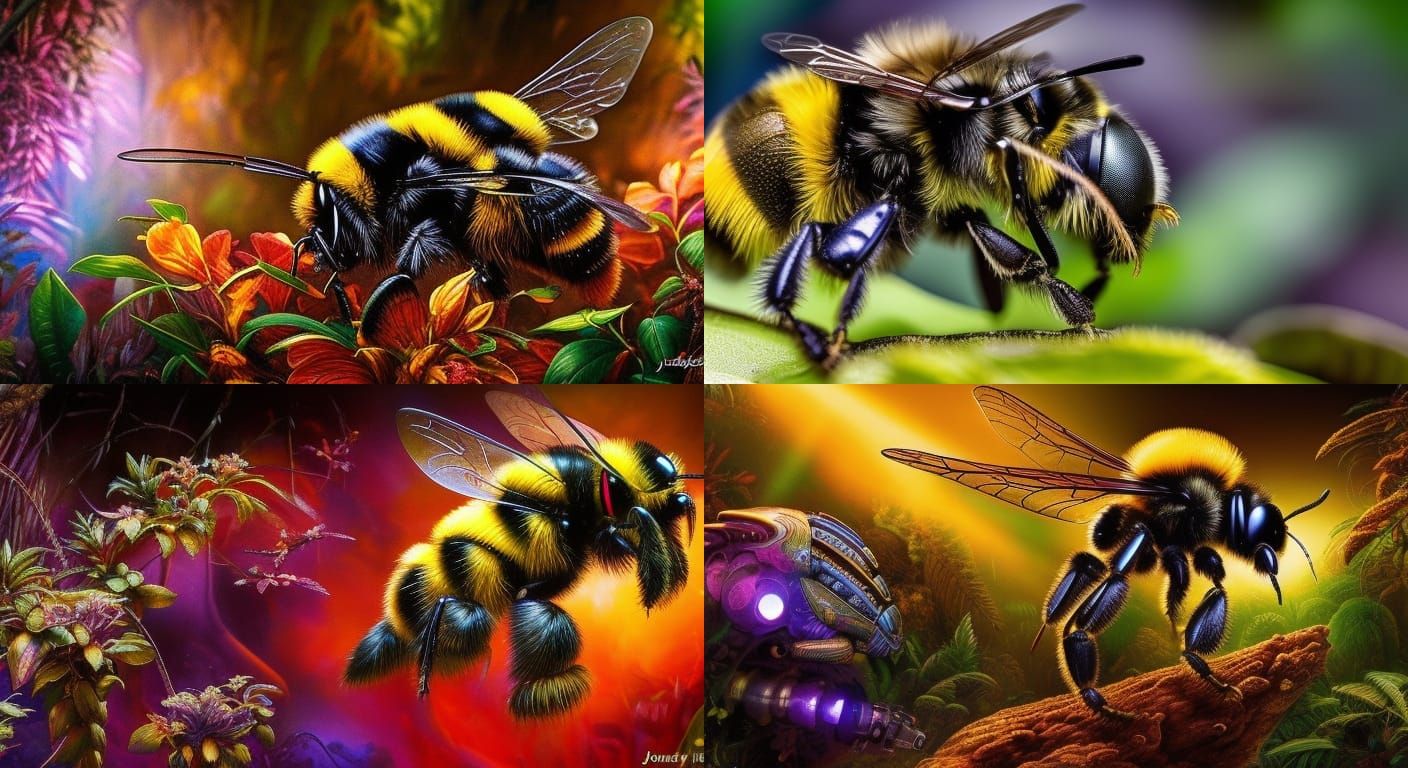 Insanely detailed a biomechanical bumble bee in the jungle waiting for ...