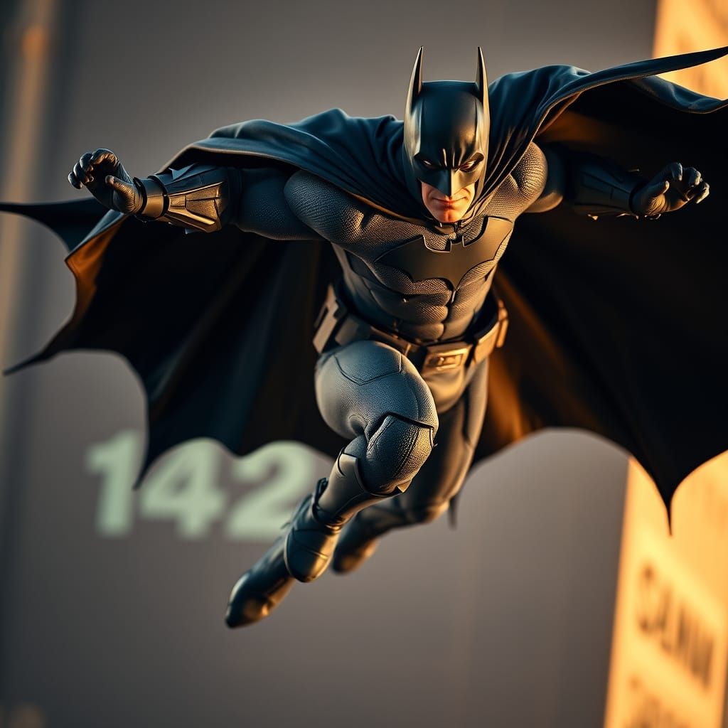 Dramatic Batman in Mid-Leap, Golden-Hour Lighting - AI Art