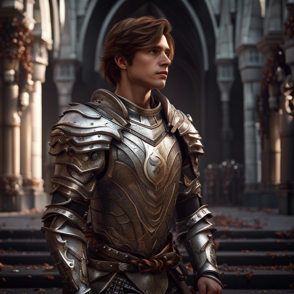 A young knight with brown hair and silver armor" "detailed matte ...