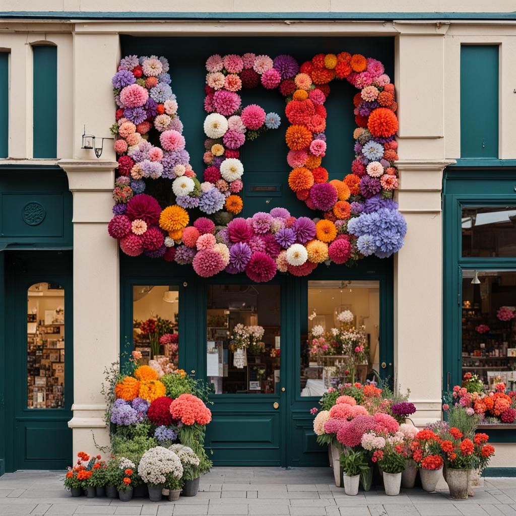 Sign above the shop, letters made of flowers - AI Generated Artwork ...