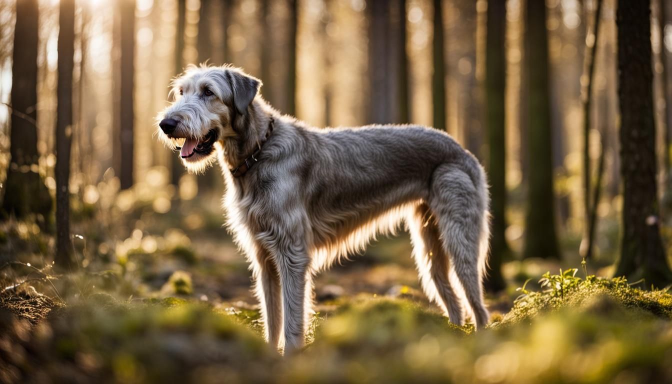 Irish wolfhound stands in a sunny forest - AI Generated Artwork ...