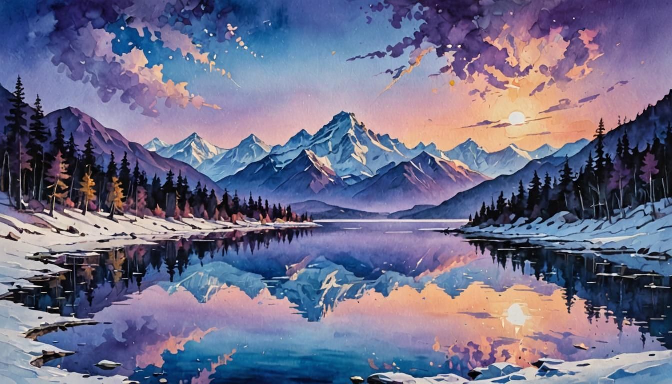 Watercolor painting of Twilight over the snow mountain, lake with ...