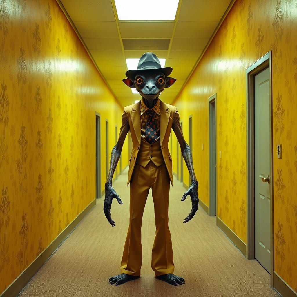 Surreal 1970s Creature Trapped in Endless Corridor... - AI Art