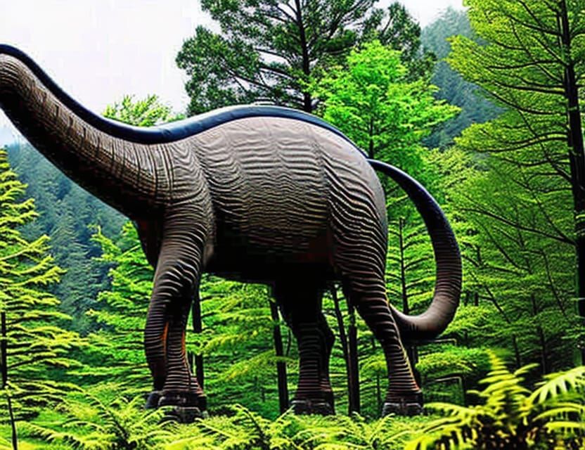Giant brontosaurus towering over forest with commedically long spindly ...