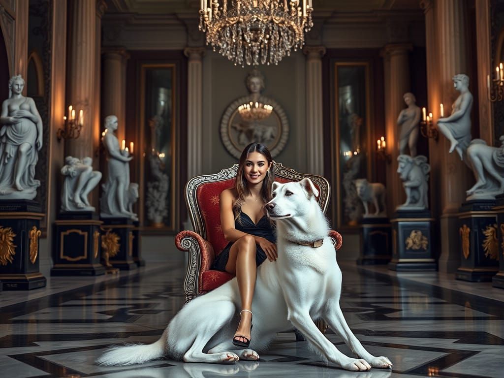 Confident Young Woman in Modern Room with Statues ... - AI Art