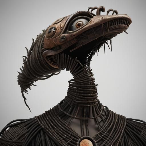 a close-up material mummy patched clay and wire sculpture with weird ...