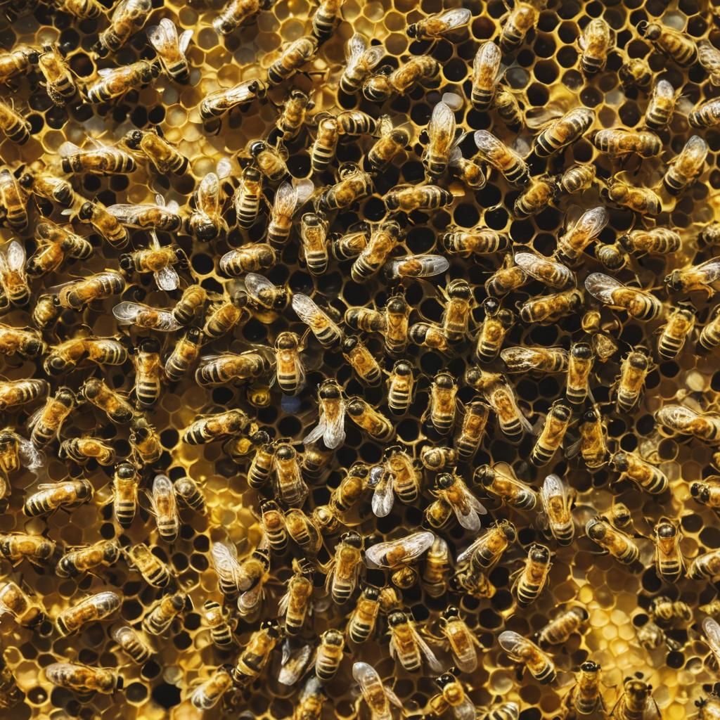 "close up of a bees swamping inside a bees hive warm yellow tinted lens Nikon 33 mm film, blurry ...